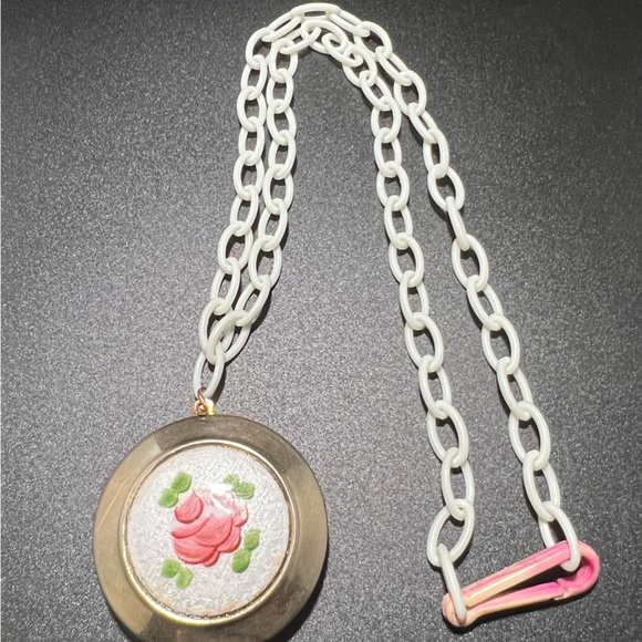 Jewelry | Vintage Guilloche Rose Locket Gold Tone White Plastic Chain ...